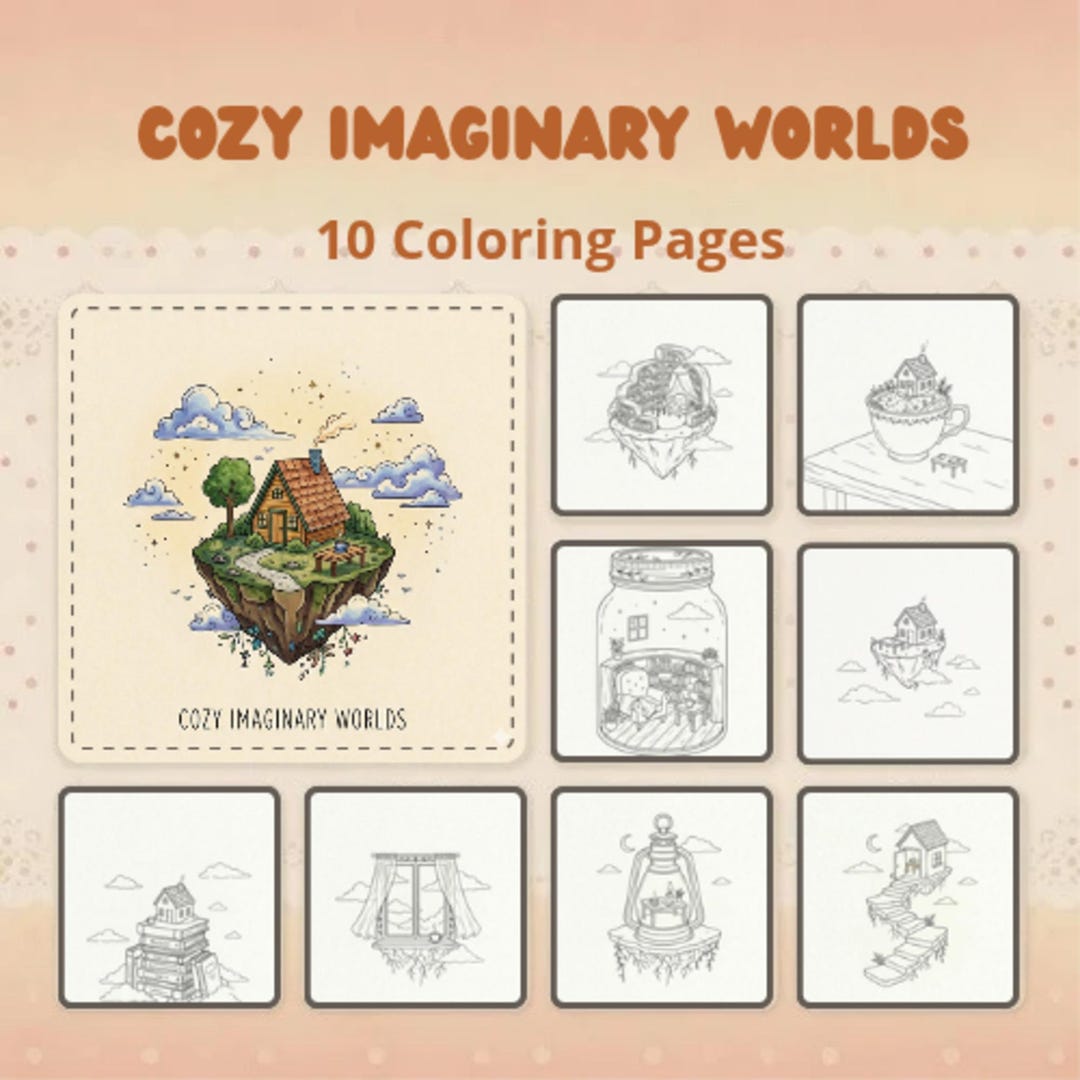Cozy Imaginary Worlds Coloring Pages, Minimal Aesthetic Coloring Book ...