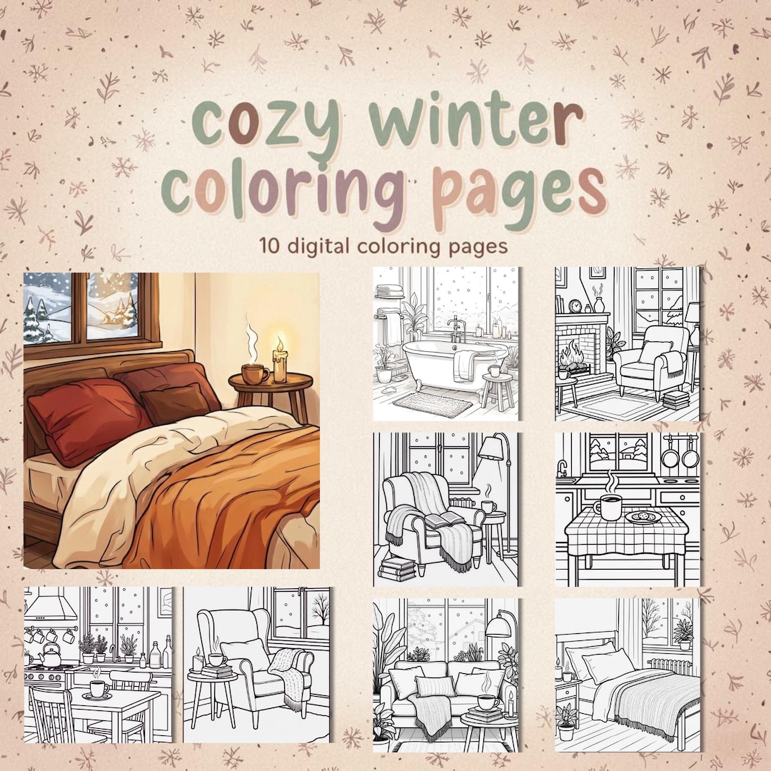 Cozy Winter Coloring Pages | 10 Printable Winter Cozy Scenes | Relaxing ...