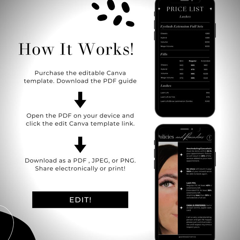 Beauty Salon Price List and Policy Template Design | Editable Canva Template | Lash Extensions ...
