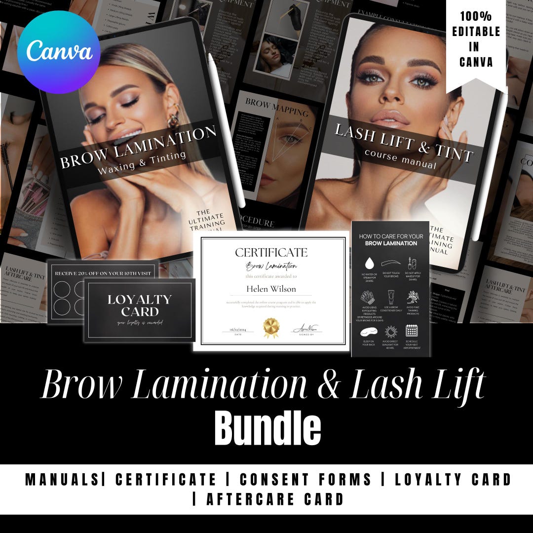 Professional Eyebrow Lamination, Wax, Tint, Lash Lift & Tint Training COMBO Manual: Editable in ...