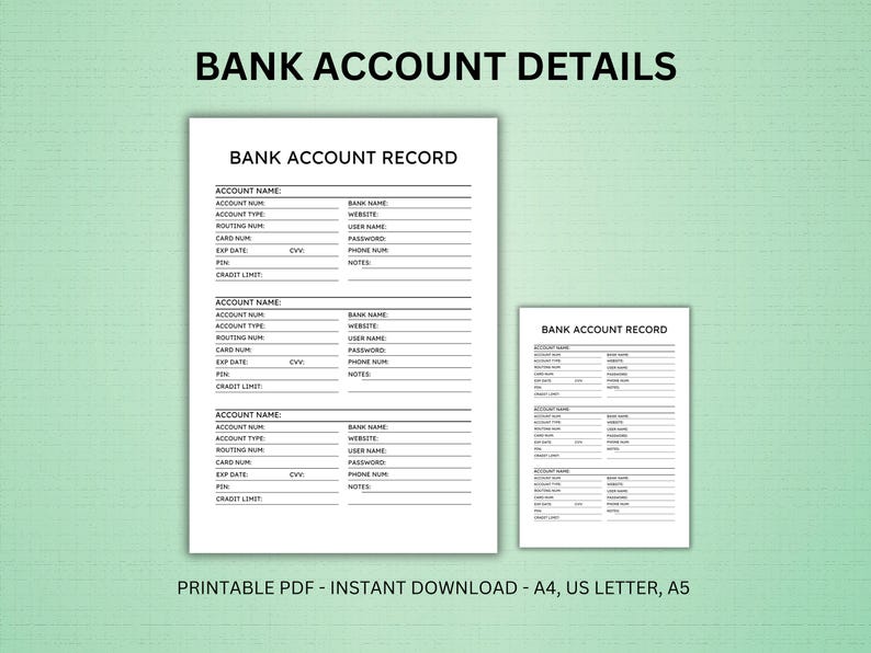 Bank Account Tracker Printable Template, Bank Account List, Banking ...