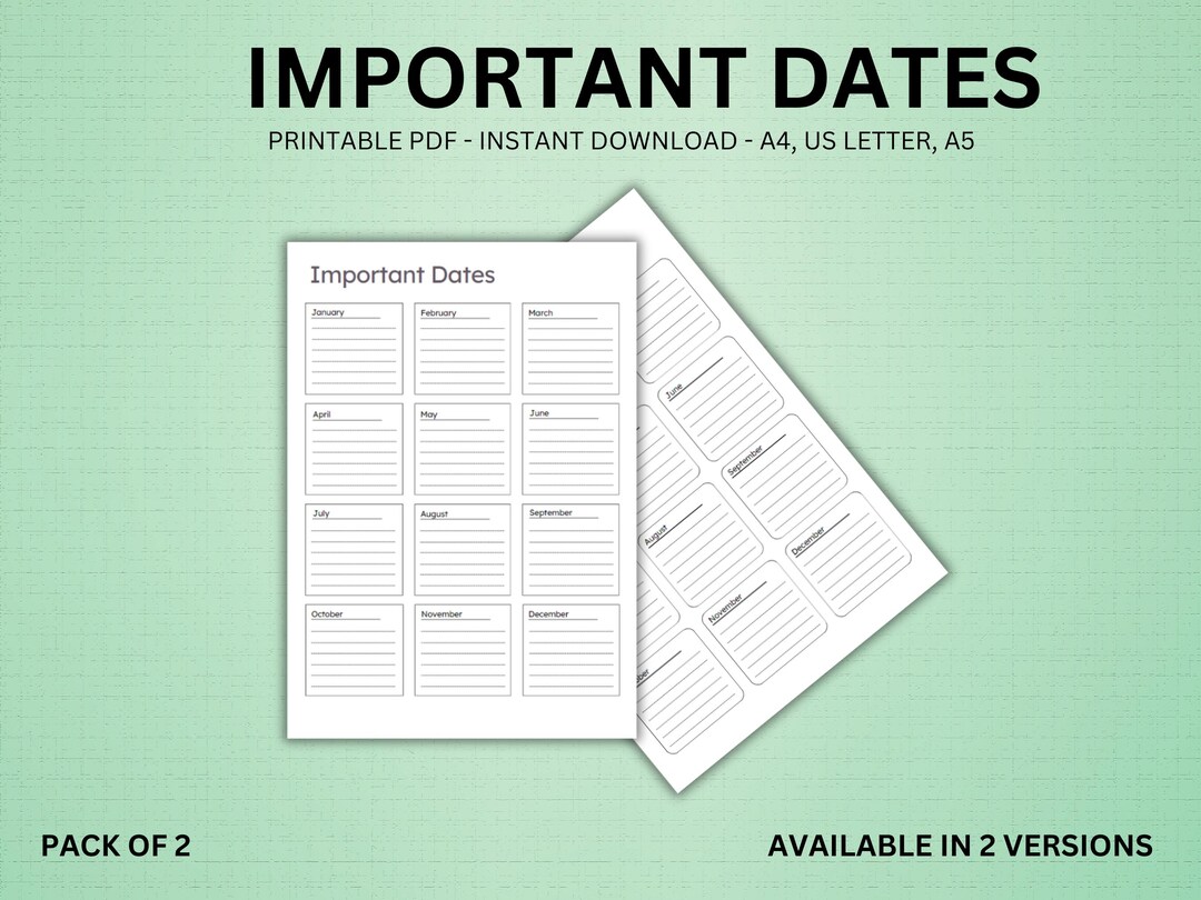 Yearly Important Dates, Digital Reminder Log, Digital Planner ...