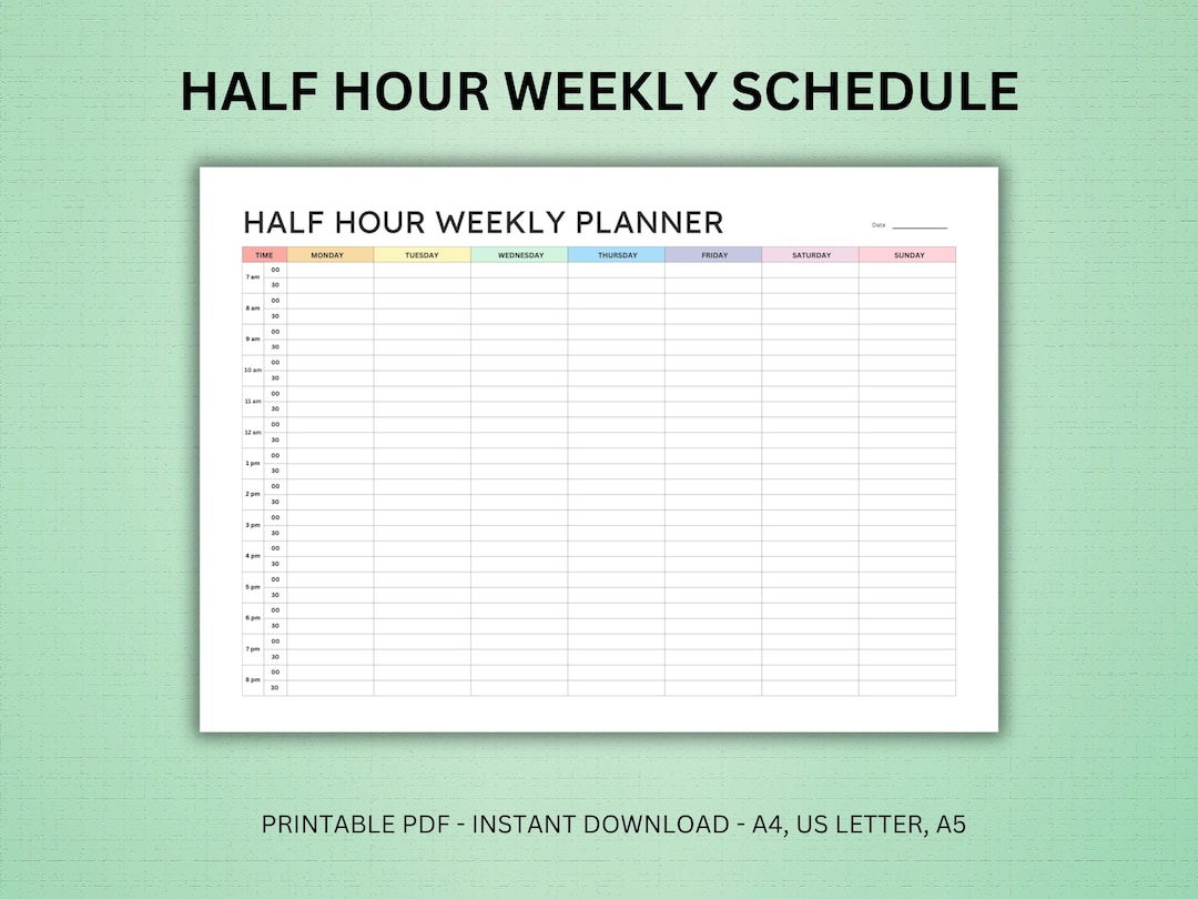 Half Hour Weekly, Schedule, Half Hour Planner, Weekly Half Hourly ...
