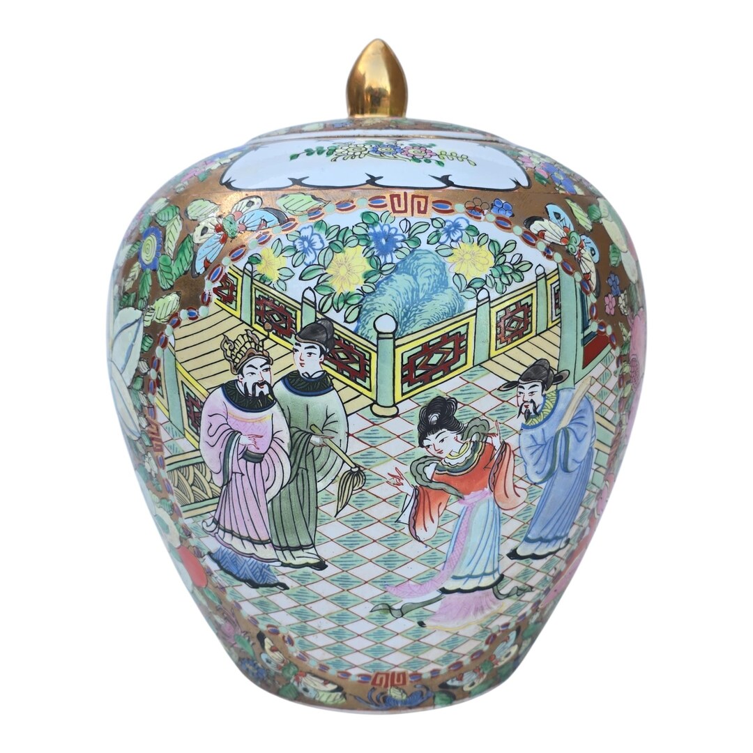 Vintage Chinese Porcelain Ginger Jar With Lid, Gilt Floral Panels ...