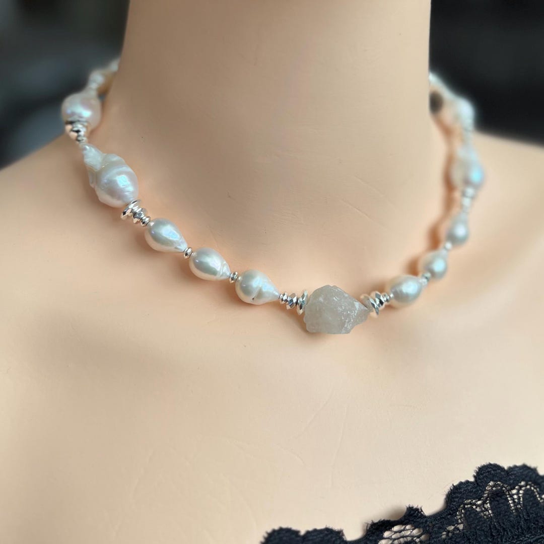 Baroque Pearl Necklace: Ivory Gemstone & Silver Hematite - Etsy