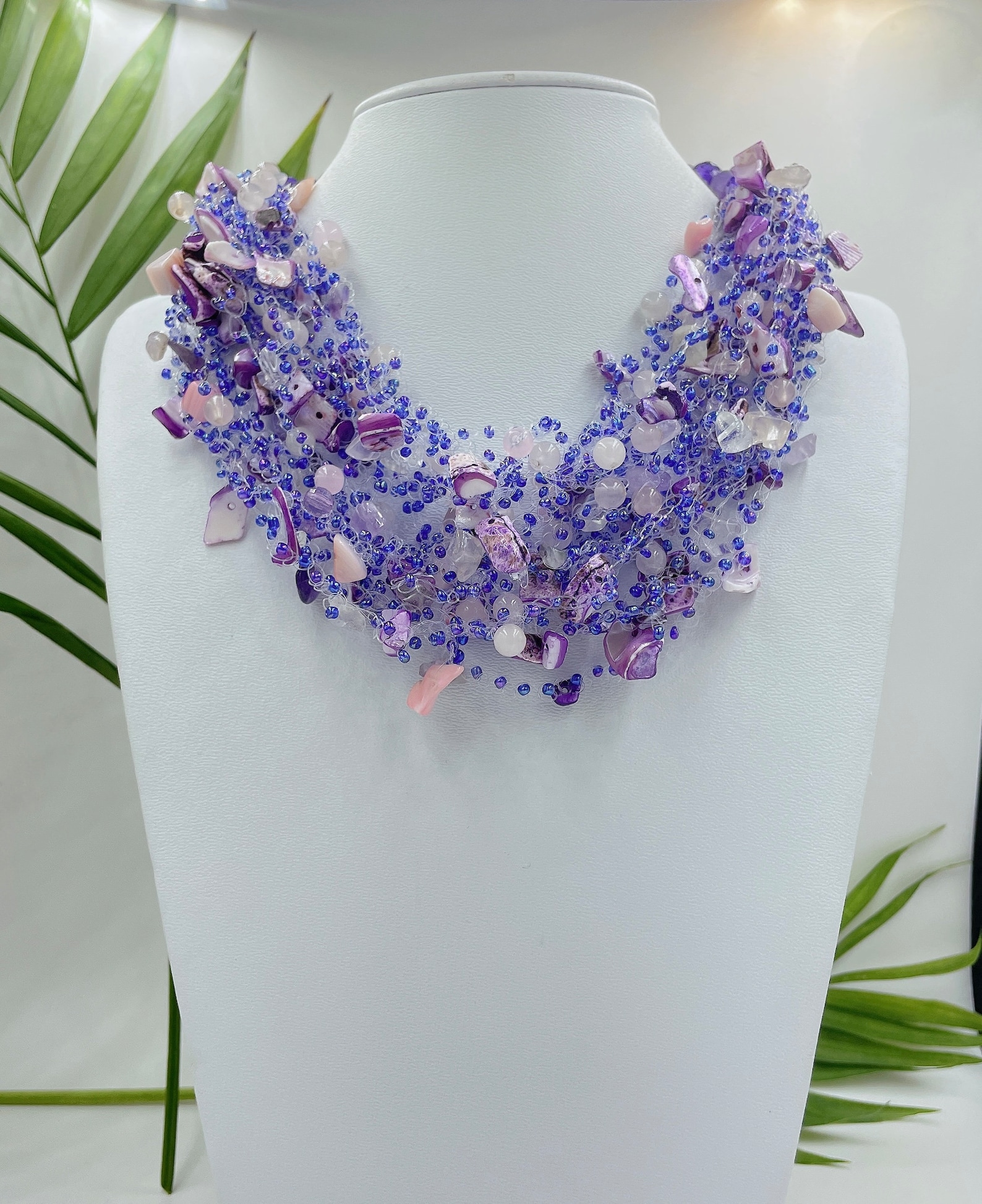 Beaded Gemstone Sea Shells Necklace, Big Bold Statement Necklace ...