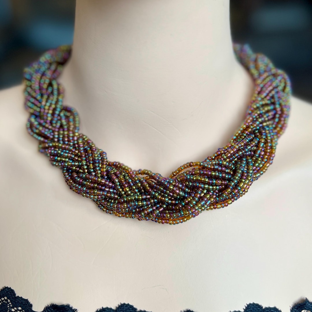 Golden Glitter Seed Bead, Braided Style Necklace. Multi Strand Jewelry ...