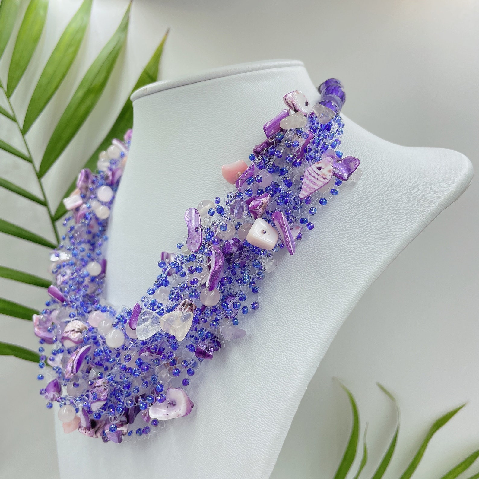 Beaded Gemstone Sea Shells Necklace, Big Bold Statement Necklace ...