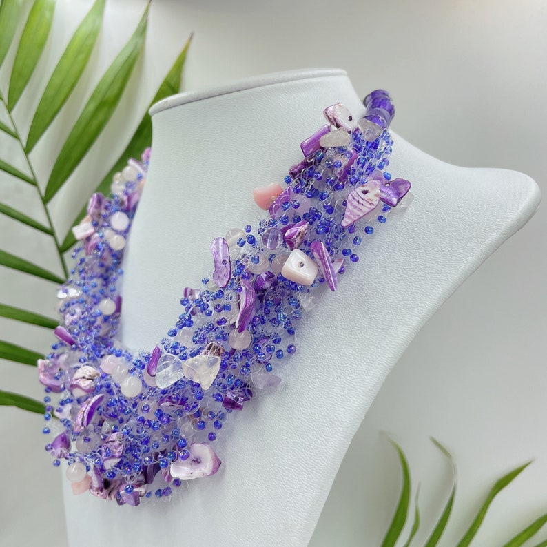 Beaded Gemstone Sea Shells Necklace, Big Bold Statement Necklace ...