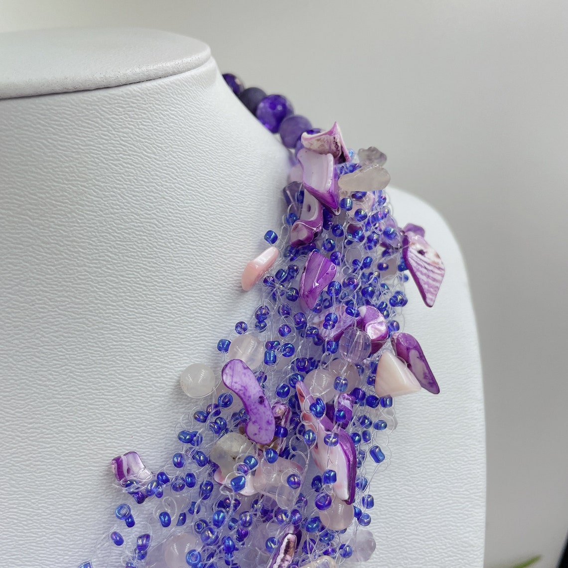 Beaded Gemstone Sea Shells Necklace, Big Bold Statement Necklace ...