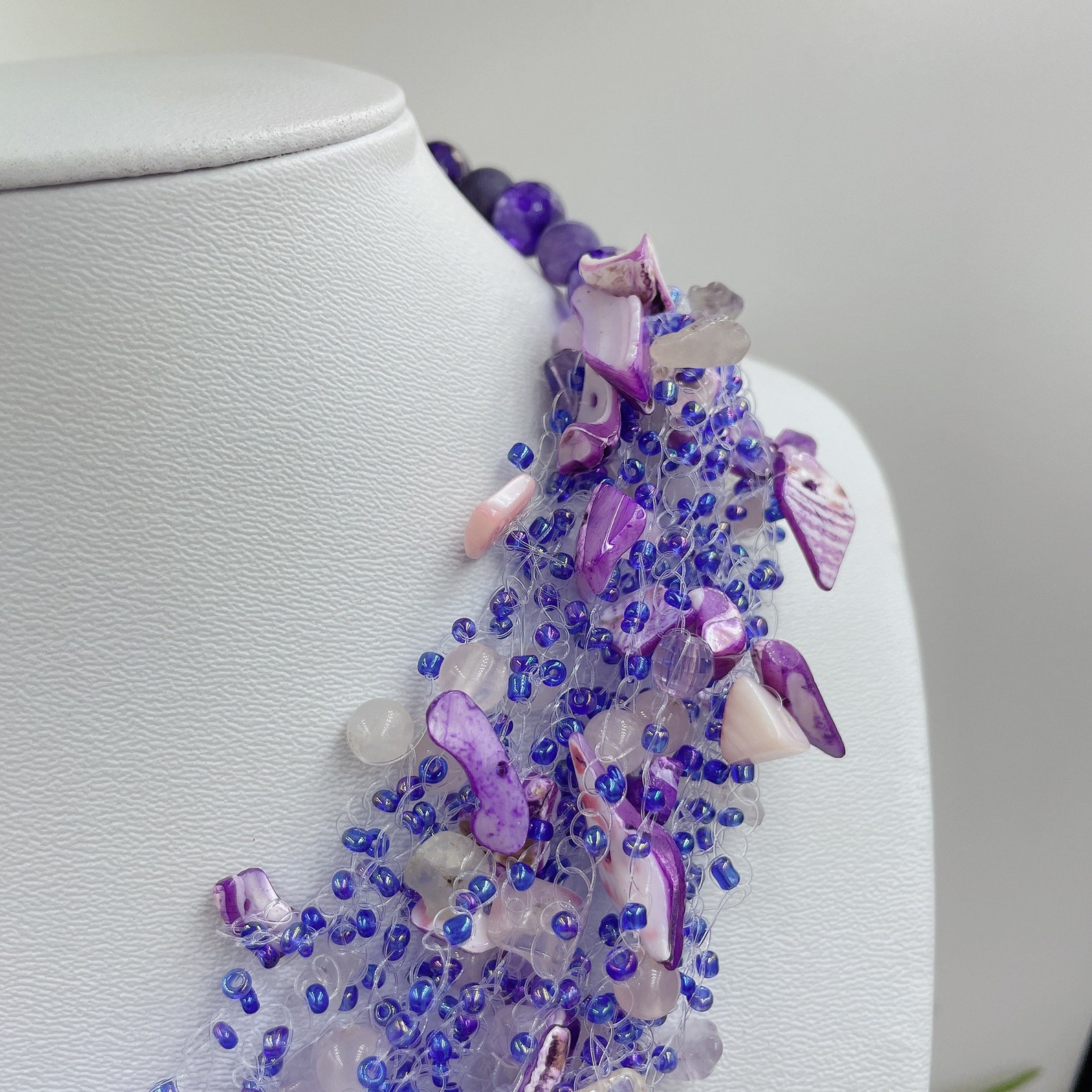 Beaded Gemstone Sea Shells Necklace, Big Bold Statement Necklace ...