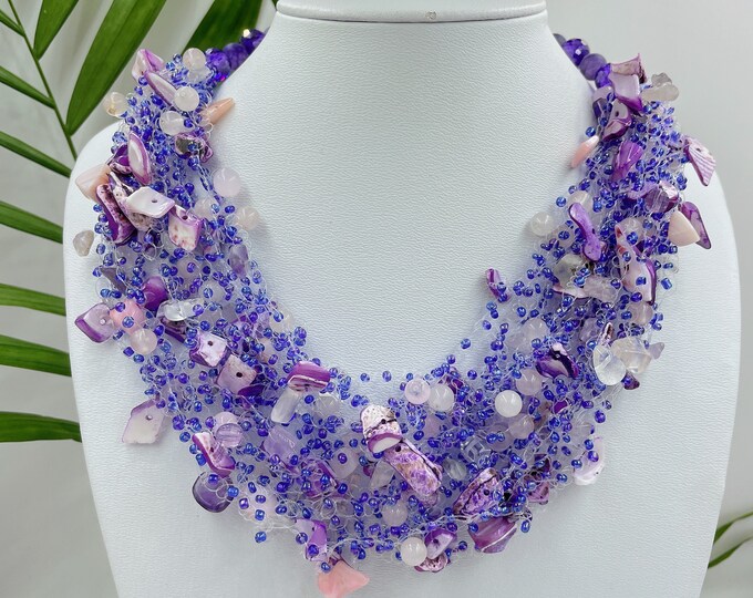 Beaded Gemstone Sea Shells Necklace, Big Bold Statement Necklace ...