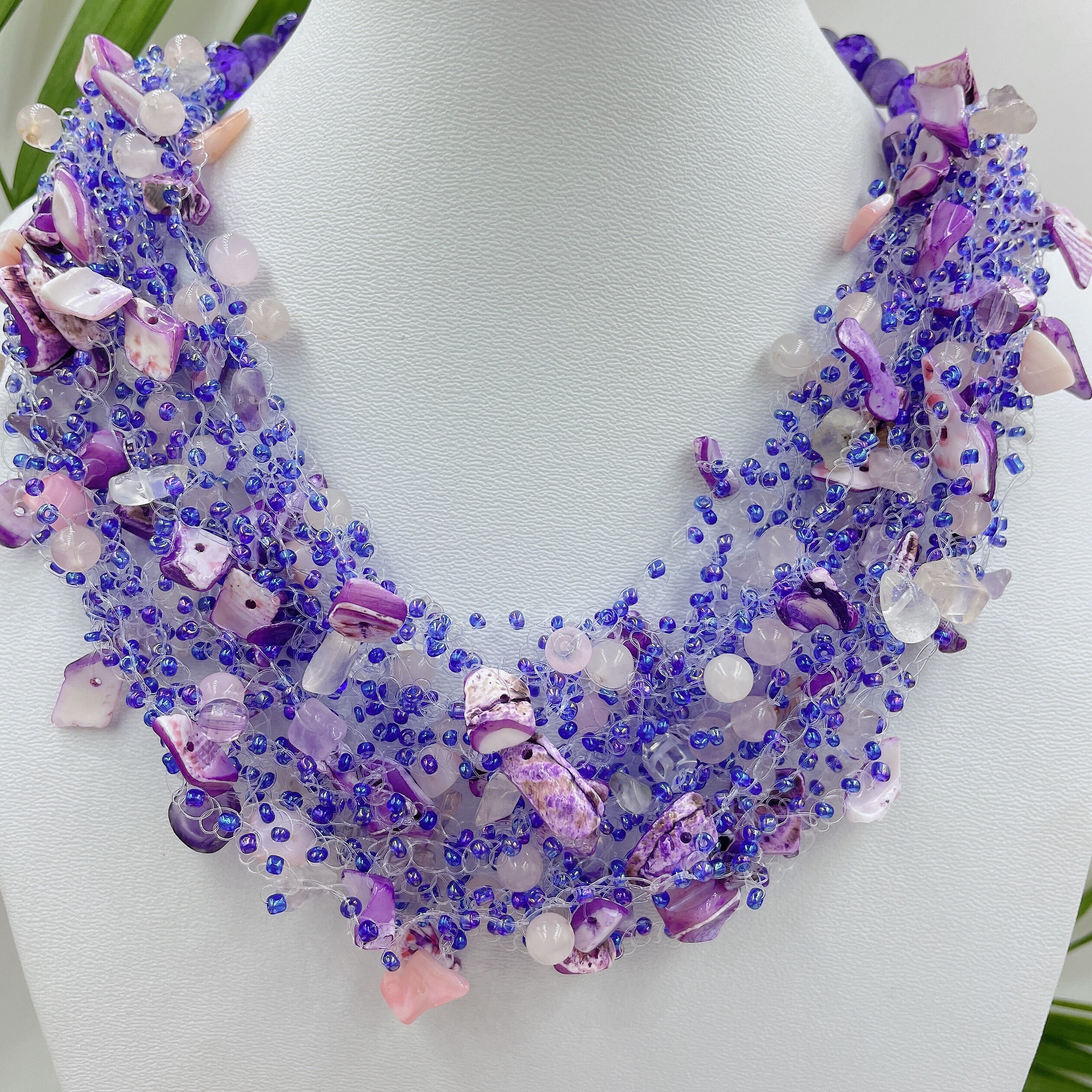 Beaded Gemstone Sea Shells Necklace, Big Bold Statement Necklace ...