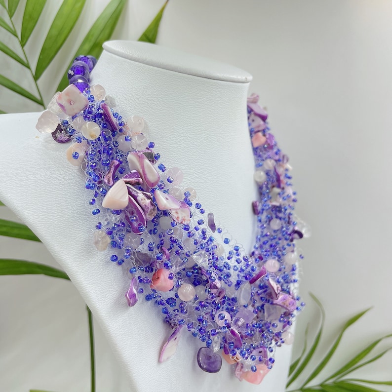 Beaded Gemstone Sea Shells Necklace, Big Bold Statement Necklace ...