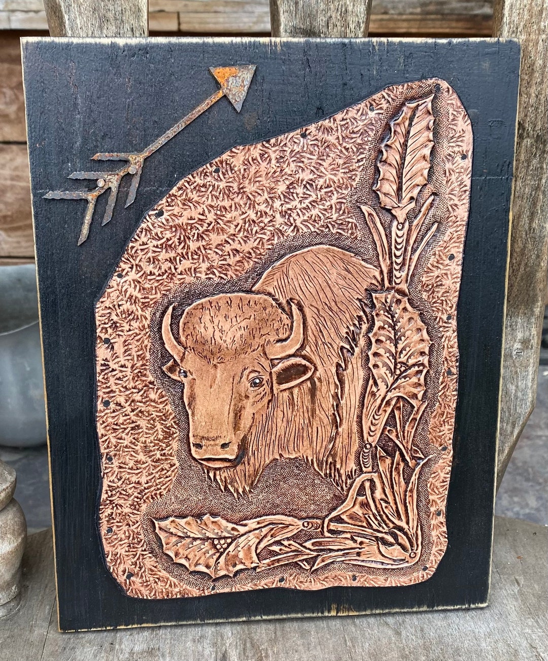 Leather Carved and Leather Tooled Buffalo/bison on Wooden Plaque - Etsy