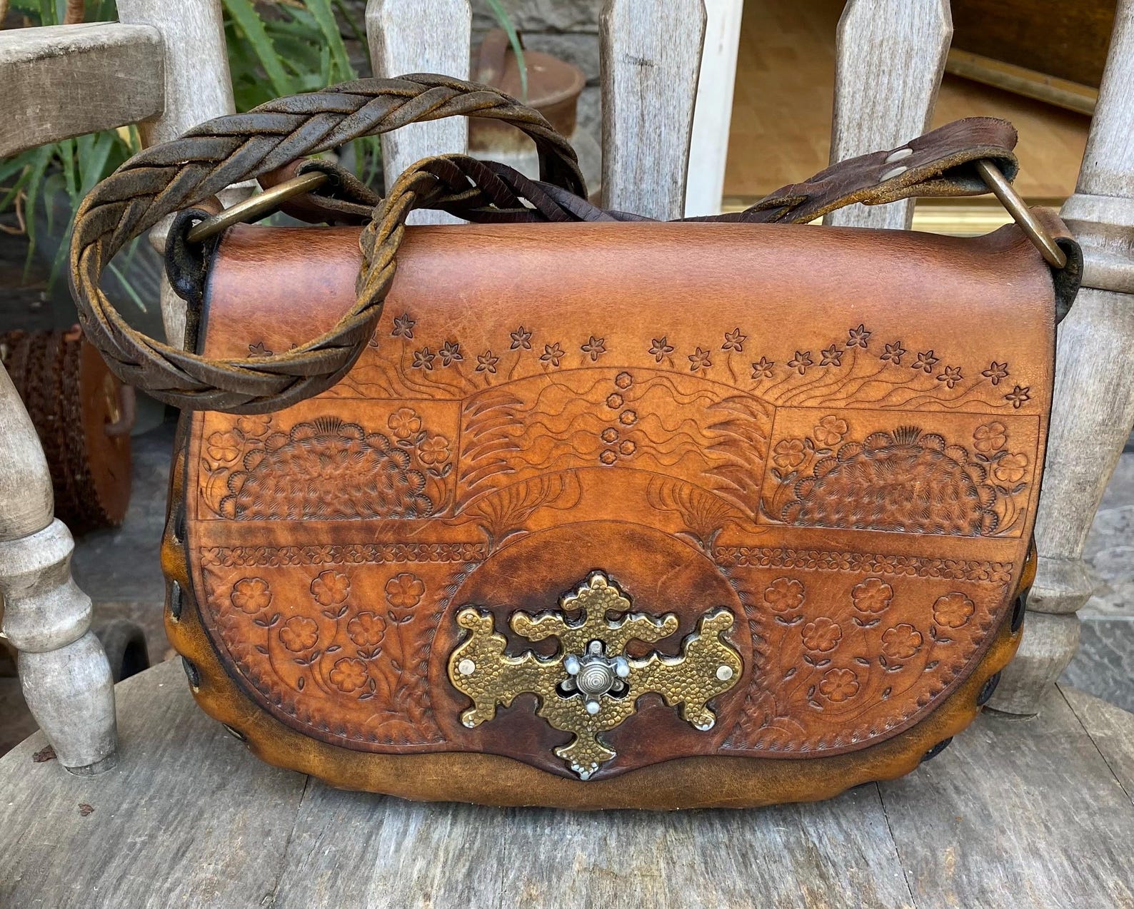 Rare Large Vintage Hand Tooled Leather Purse 70s Hippie Boho Chic ...
