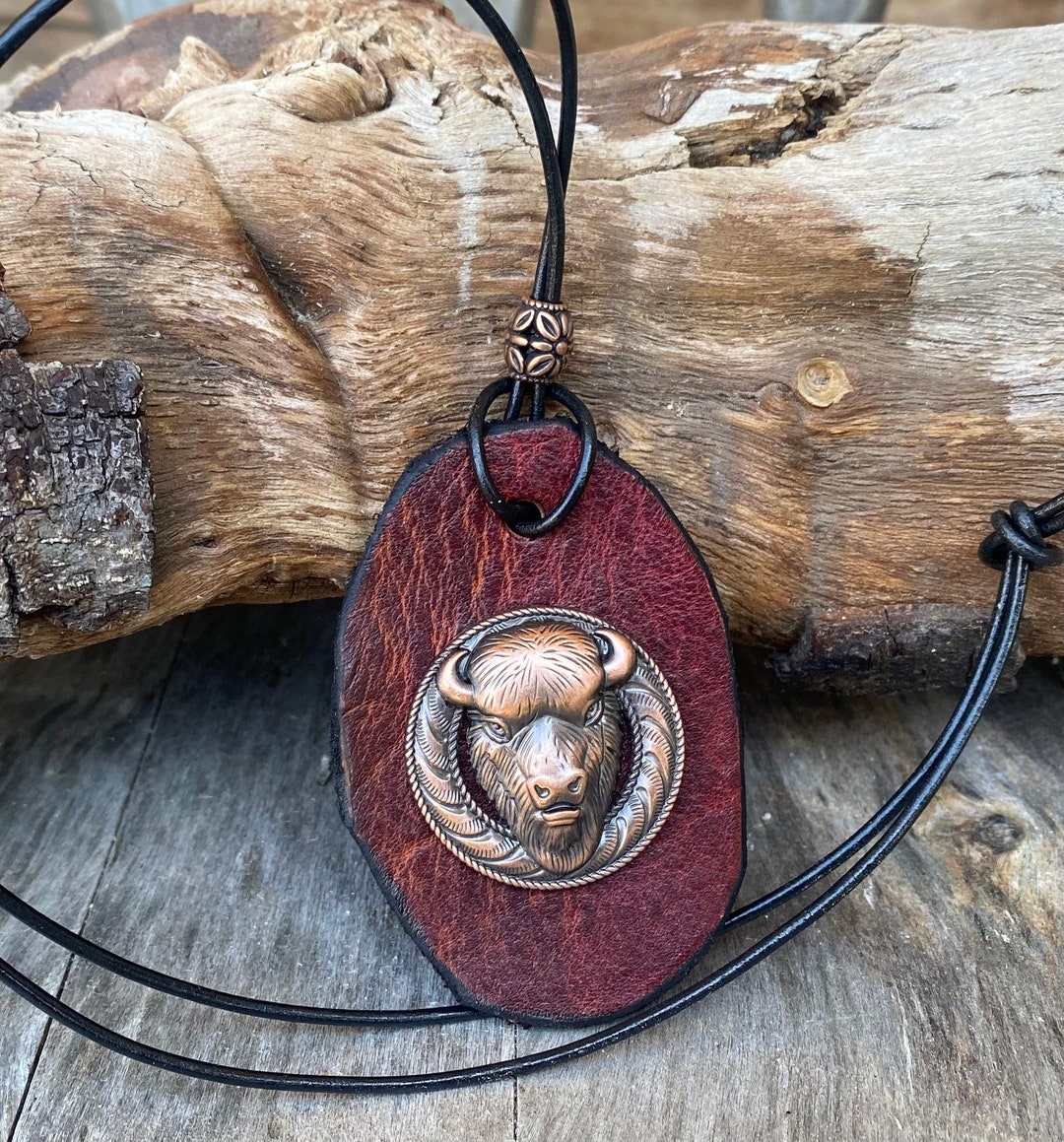 Leather Buffalo Head Concho Pendant on Long Round Black Leather Lace - Etsy