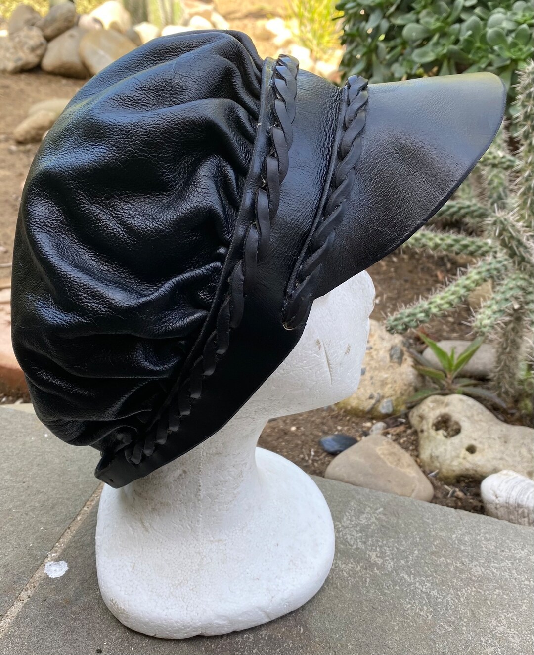 One of a Kind Vintage Black Hand Laced Leather Biker Cap - 1970s ...