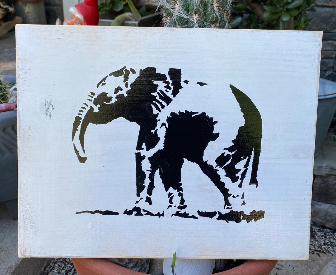 Painted/stenciled Elephant on White Distressed and Rustic Pine Wood - Etsy