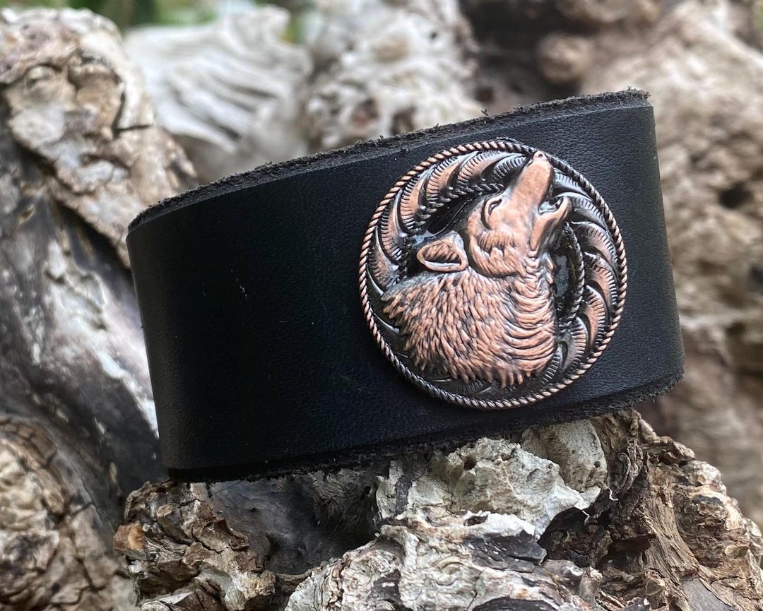 Black Leather Arm/bicep Cuff With Copper Howling Wolf Concho ...