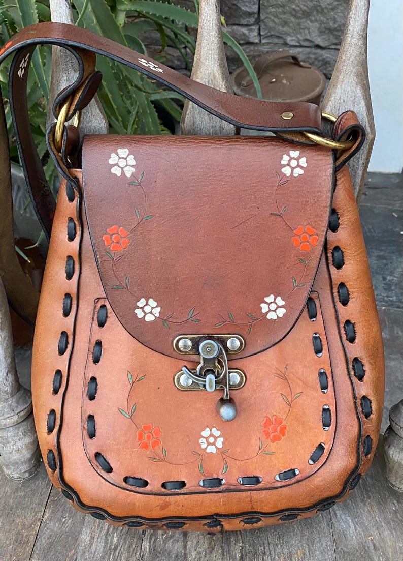 Vintage 70s Floral Shoulder Bag Purse Boho Hippie Leather Tooled Hand ...