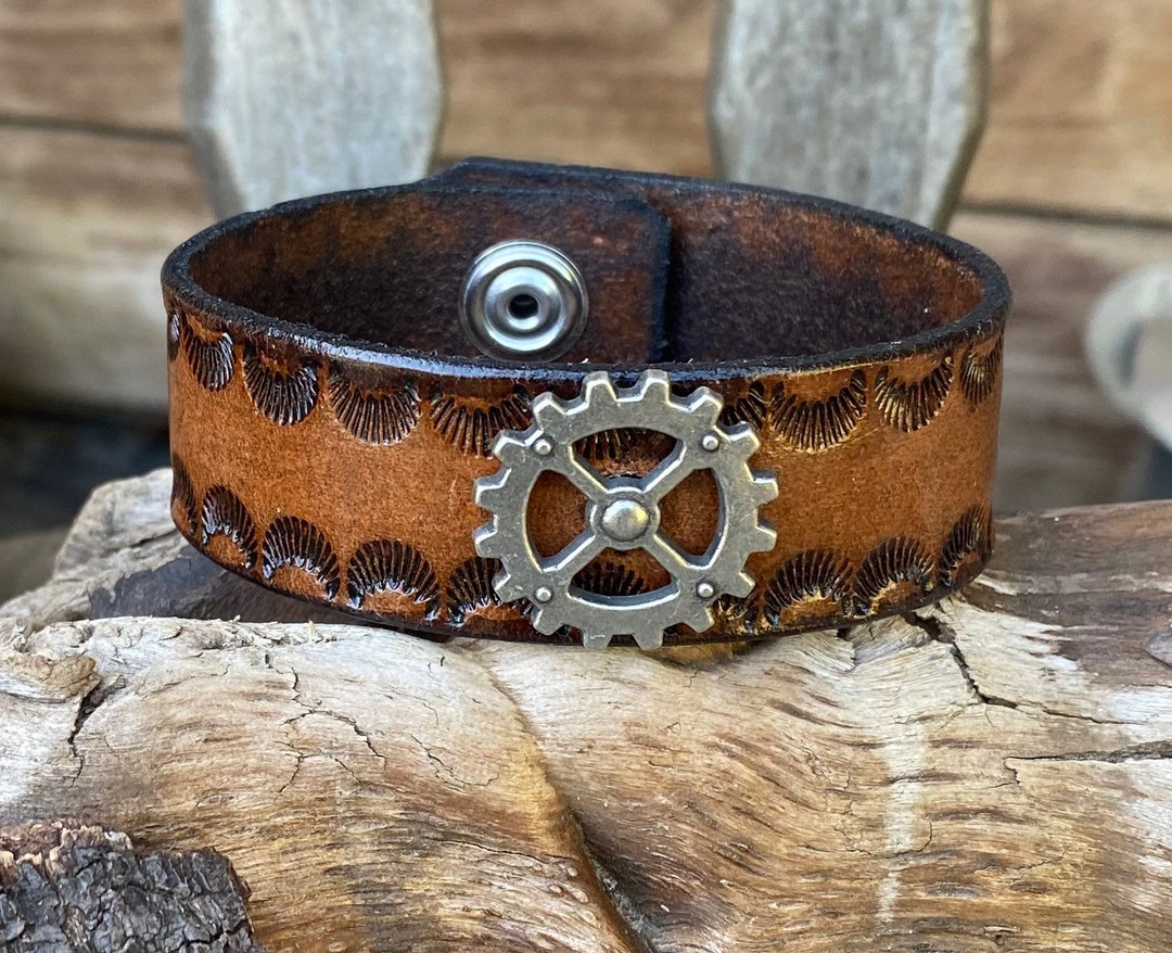 Medium Brown Tooled Leather Cuff/bracelet With Steampunk Concho - Etsy