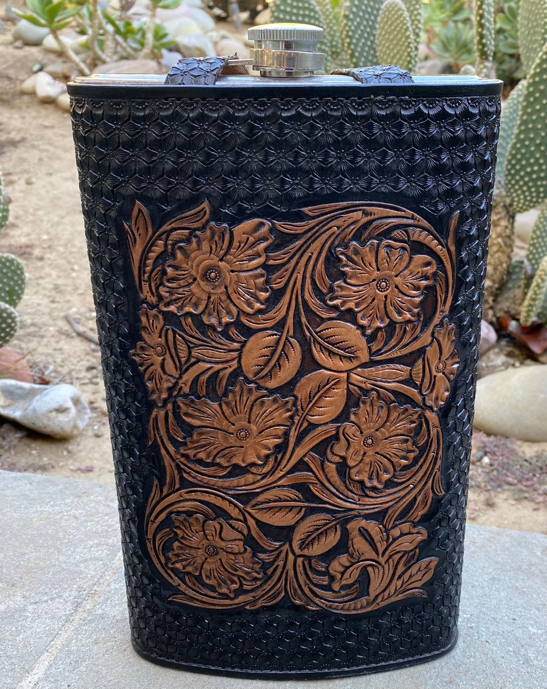 Large Black and Tan Hand Tooled Western Floral Style Leather Flask - Etsy