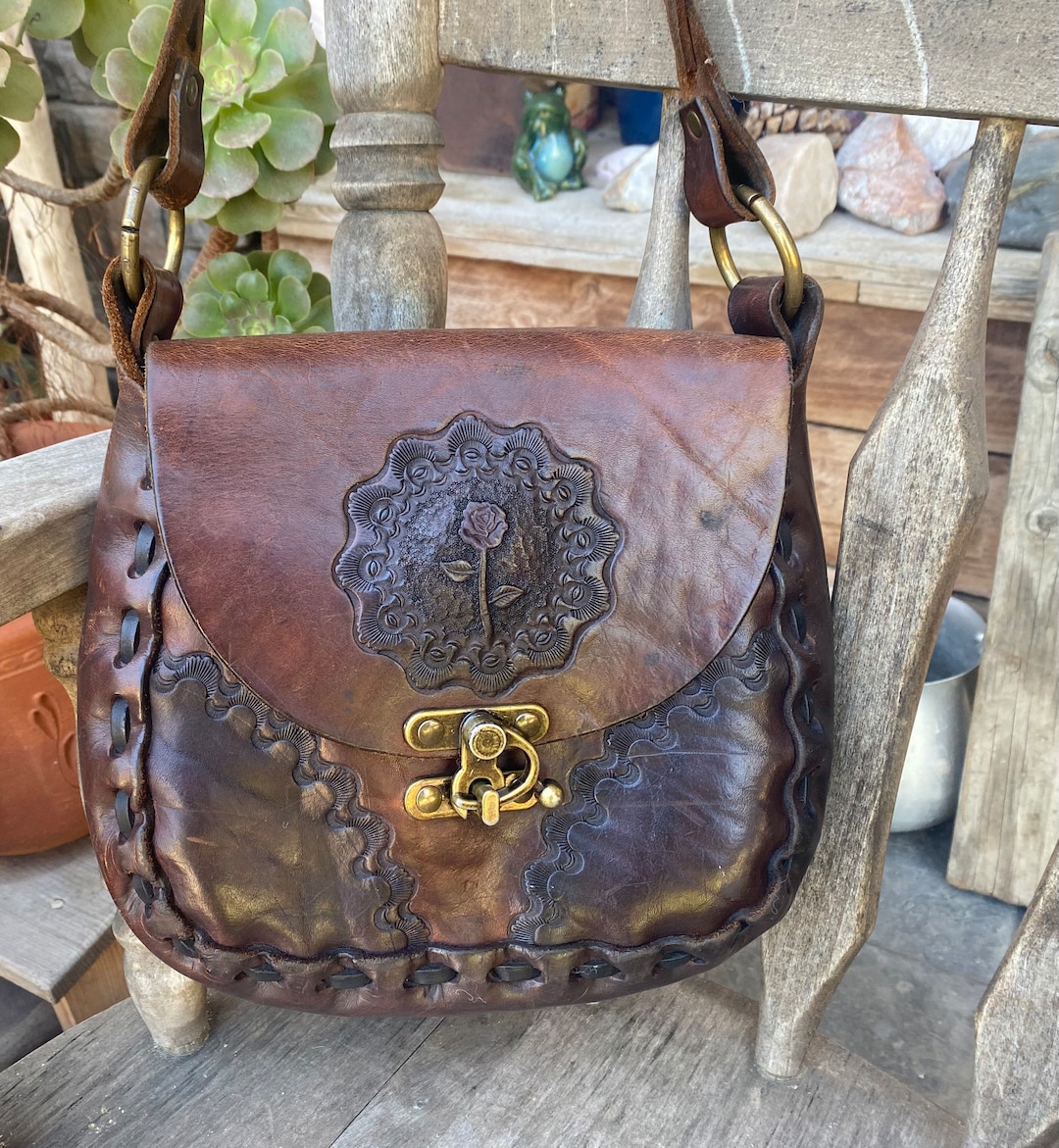Rustic Vintage Hand Tooled Flowers Leather Saddle Bag Boho Hippie ...