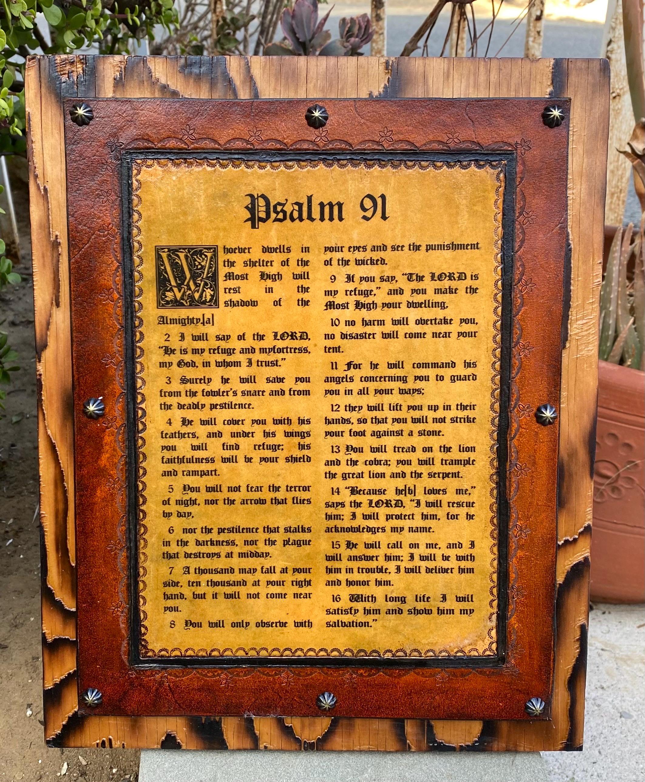 Large Rustic, Distressed Leather Psalm 91 Wooden Plaque Tooled Onto ...