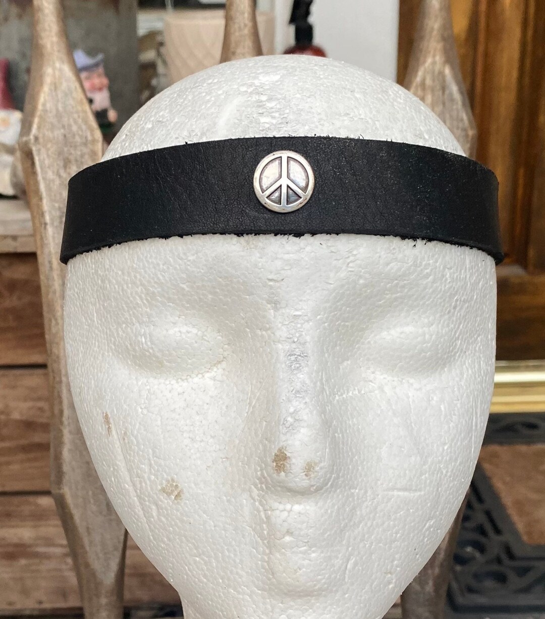 Black Leather Headband With Peace Sign Screwback Concho - Adjustable - Etsy