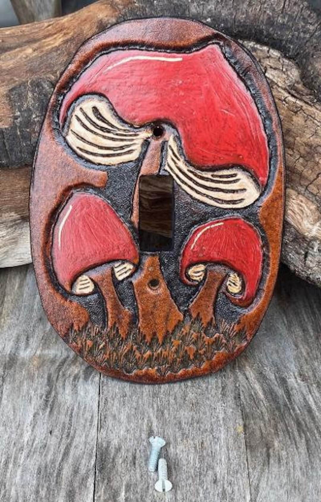 Leather Light Switch Plate Cover With Tooled and Painted Mushrooms - Etsy