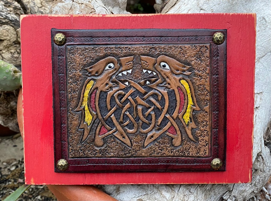Celtic Wolf Knot Design Tooled Onto Leather and Mounted on Wood - Etsy