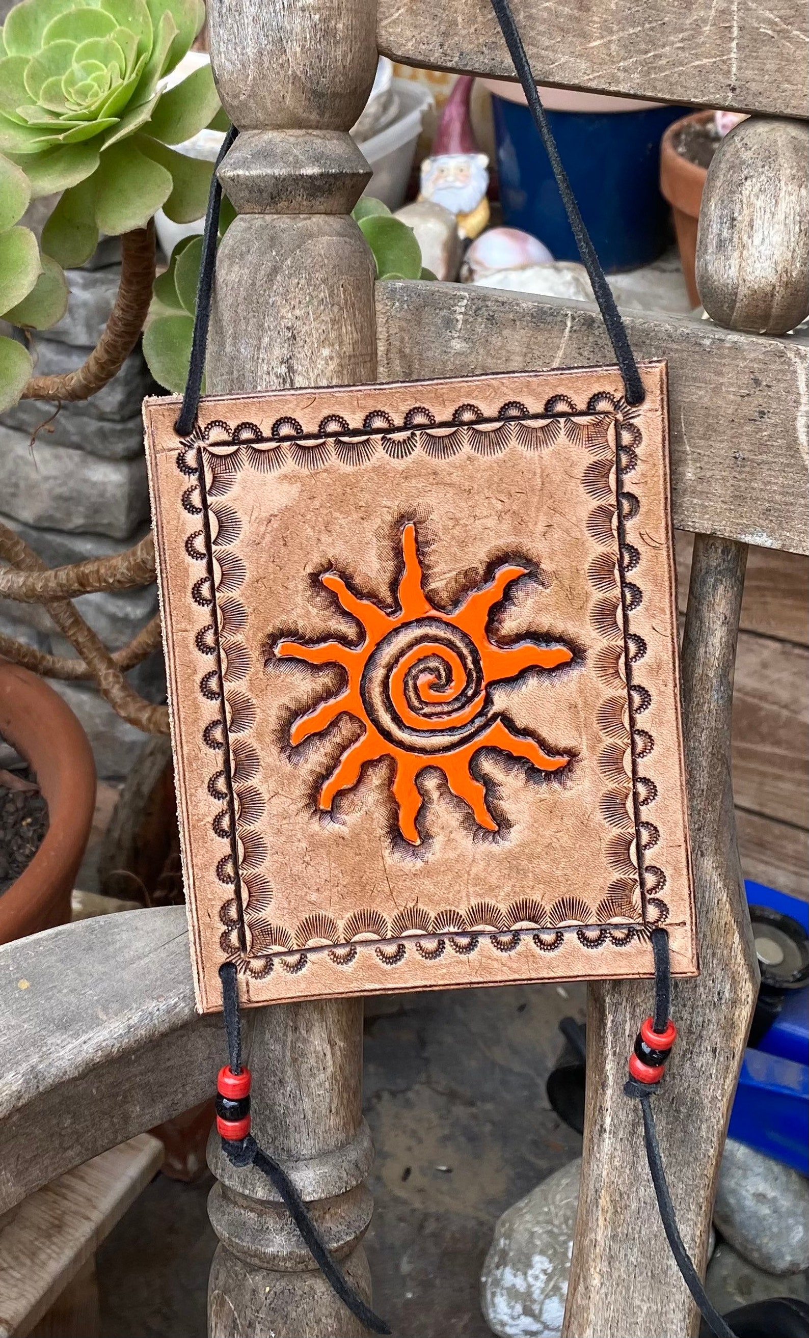 Hand Tooled and Painted Native American Spiral Sun on Leather - Etsy