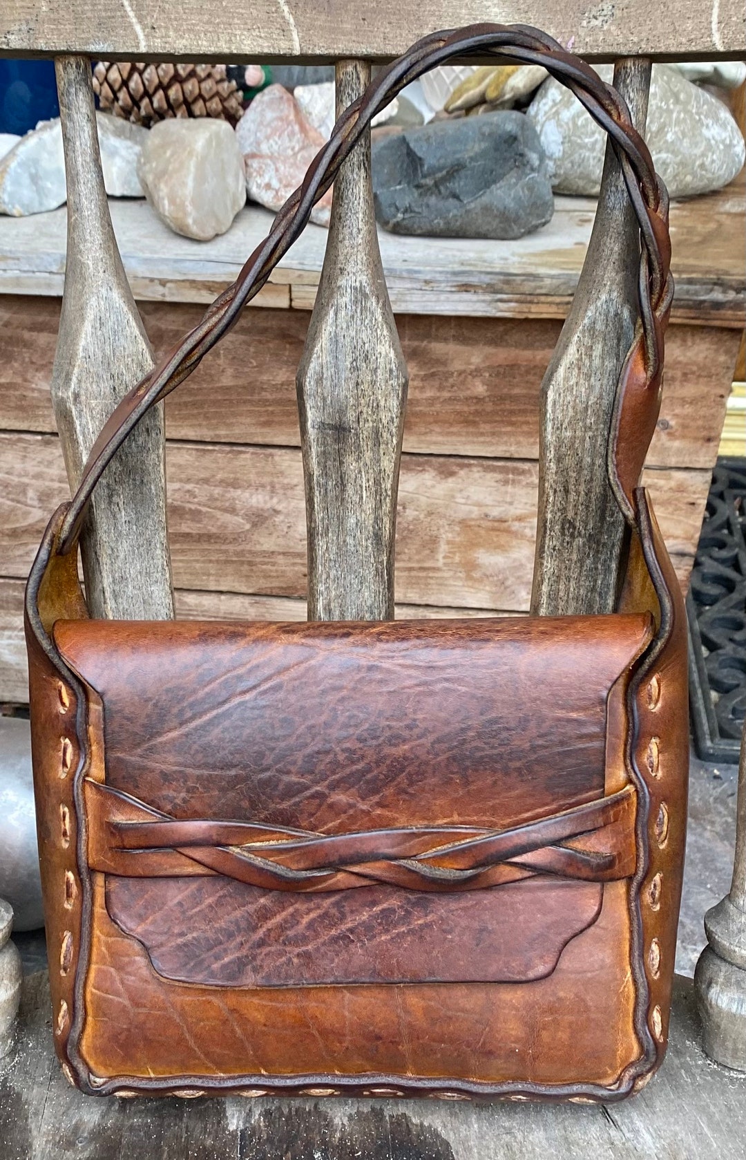 Vintage Rustic Handmade 70s Brown Leather Shoulder Boho Hippie Festival ...