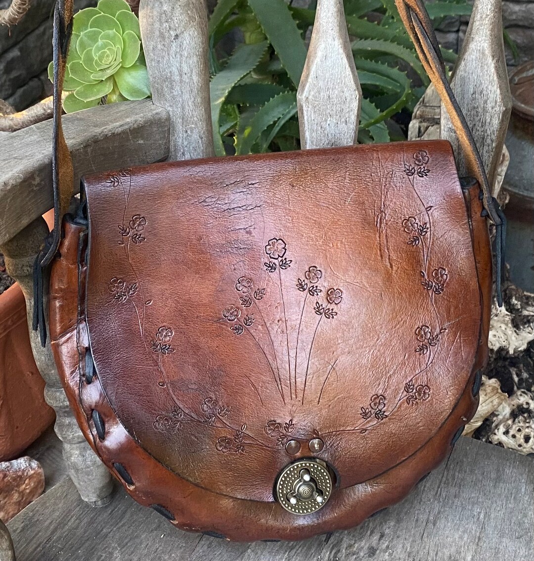 Large 1970's Rustic Vintage Brown Hand Tooled Leather Boho Hippie ...