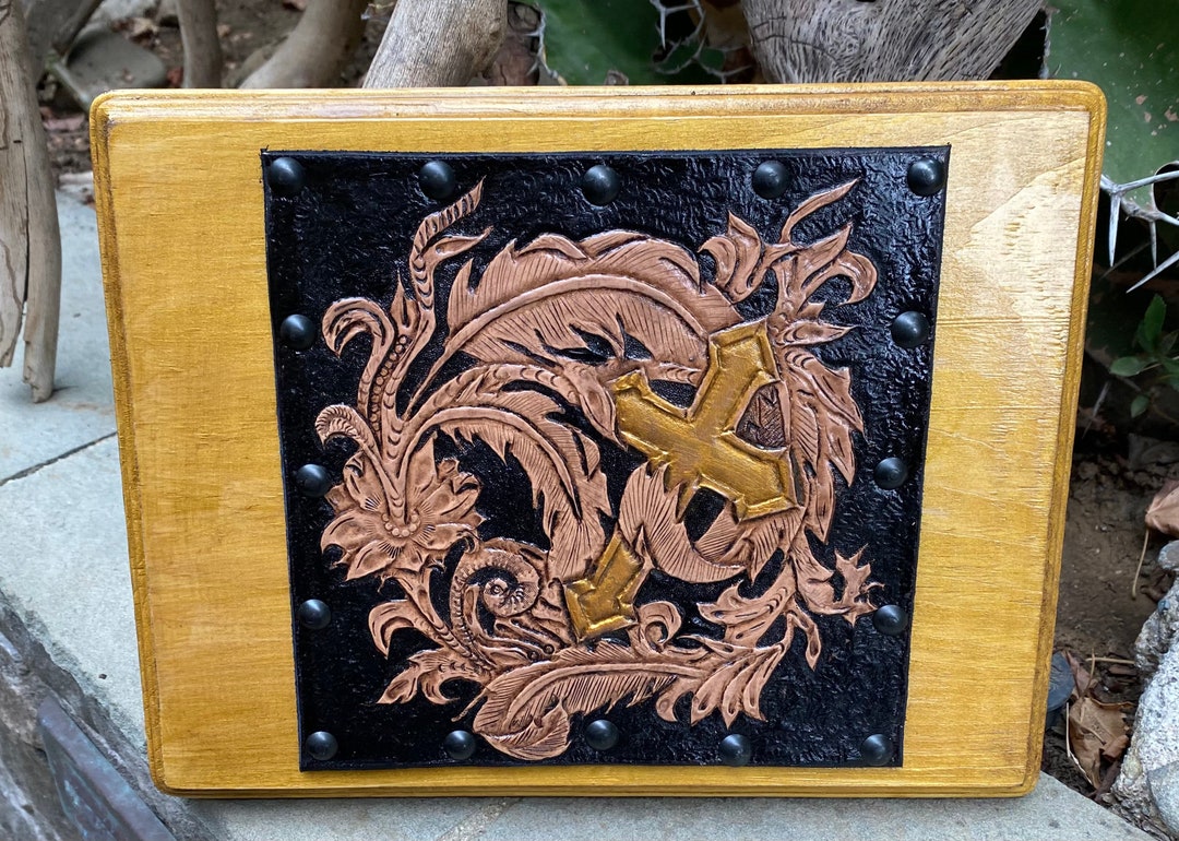 Leather Tooled/carved Cross With Floral Design - Wooden Plaque - Etsy