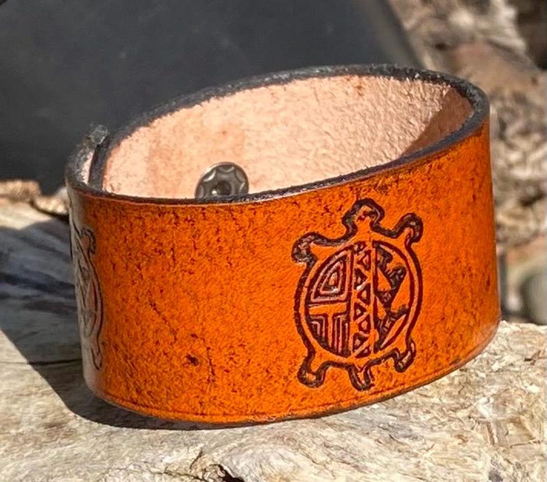 Leather Cuff/bracelet With Tooled Turtle Symbol - Fits Wrist up to 7 1/ ...