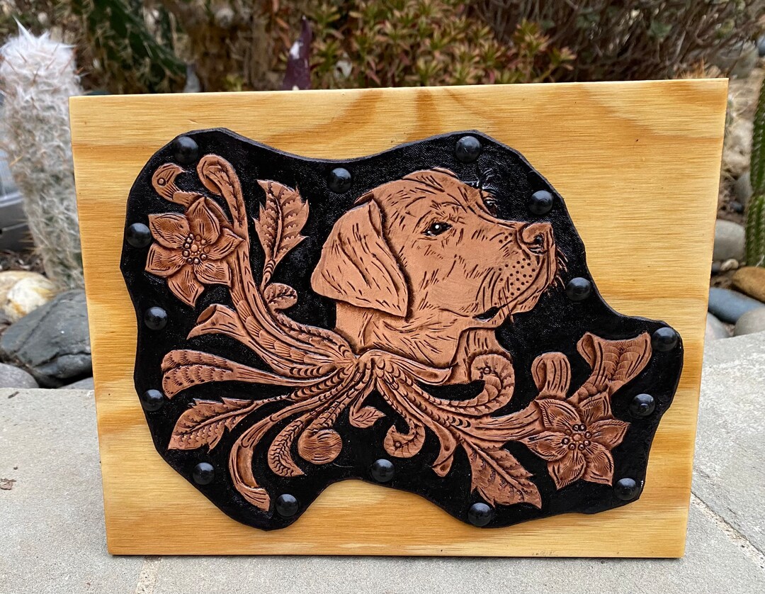 Hand Tooled and Hand Carved Dog on Leather Mounted on Varnished Wood - Etsy