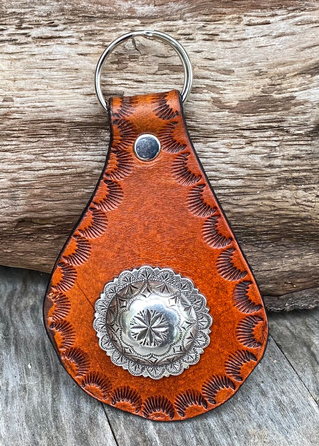 Retro Style Leather Keychain Fob With Silver Plated South Western Style ...