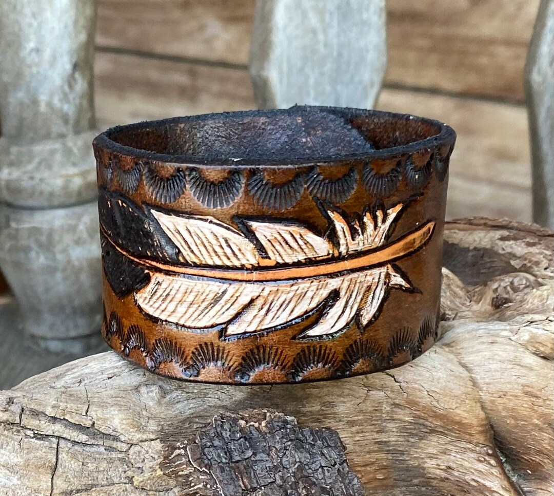 Rustic, Distressed Dark Brown Leather Cuff With Tooled and Painted ...
