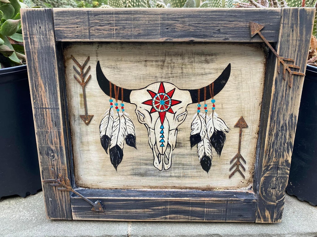 Painted Native American Buffalo Skull With Painted Feathers and Rusty ...