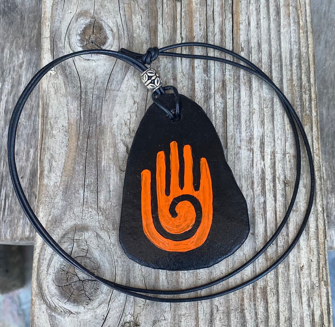 Painted Native American Healing Hand Pendant on Leather With Long Black ...