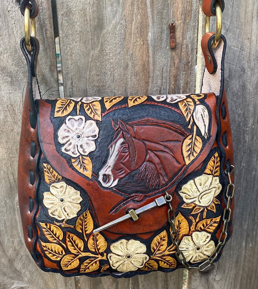 New Retro Style Leather Tooled and Painted Shoulder Bag Using Vintage ...