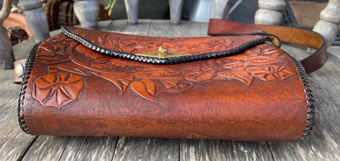 Vintage Handmade Leather Tooled Purse Crossbody Boho Hippie Bag Fish ...