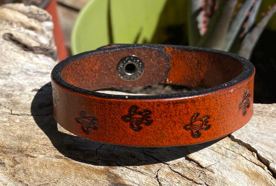 Narrow Leather Boho Cuff/bracelet With Tooled Swimming Turtles - Etsy