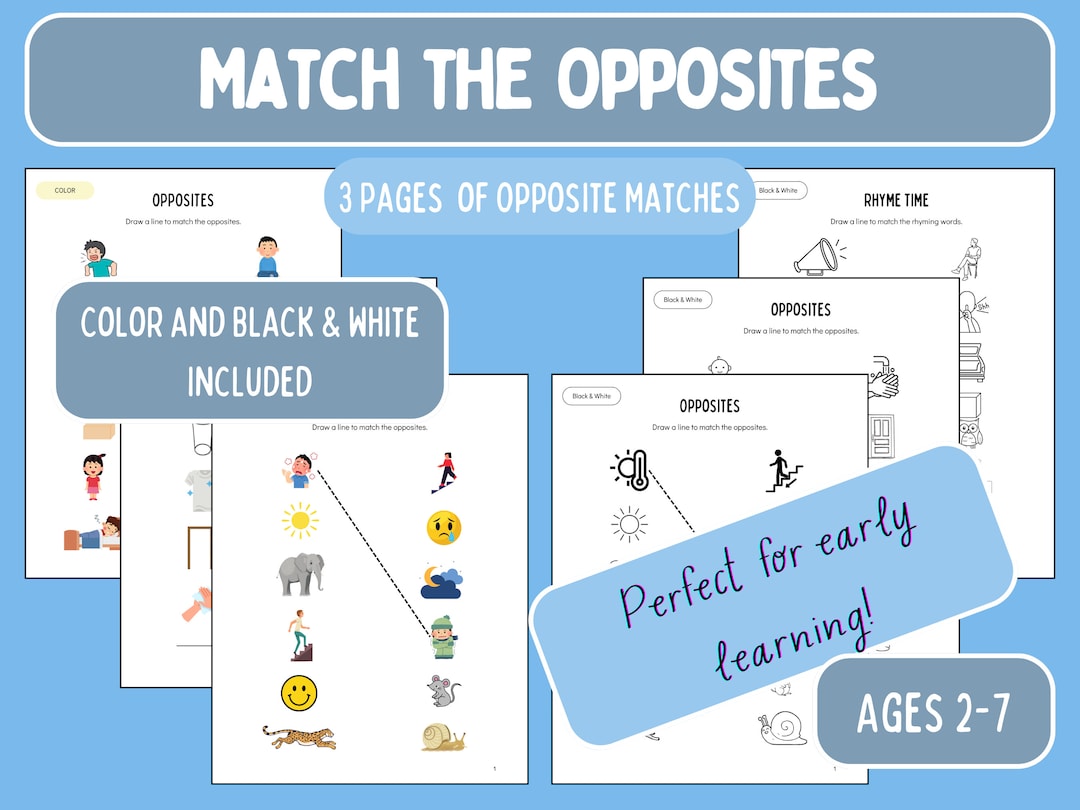 Match the Opposites; Practice Opposites, Matching Worksheet for Kids ...