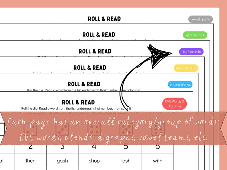 Roll and Read: Simple Words, CVC Words, Blends, Digraphs, Glue Sounds ...