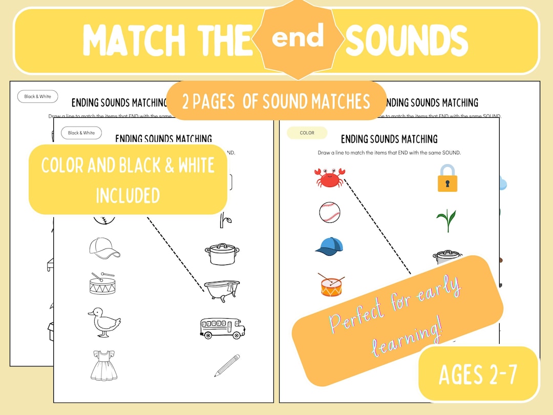 Match the Ending Sounds, Matching Worksheets for Kids, Preschool ...