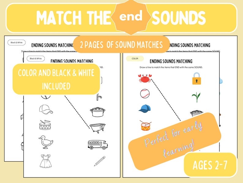 Match the Ending Sounds, Matching Worksheets for Kids, Preschool ...