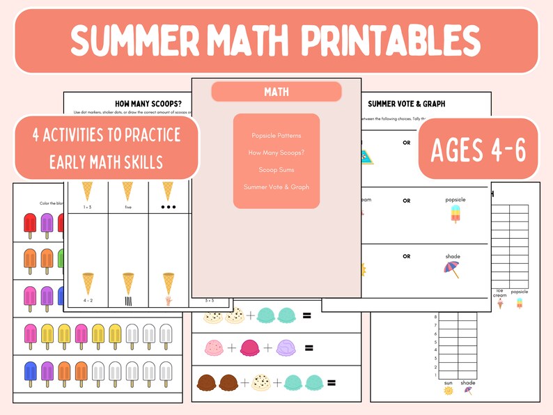 Summer Math Worksheets (ages 4-6), Preschool Printables, Kindergarten ...